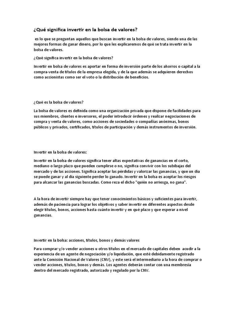 Qué Significa Invertir en La Bolsa de Valores | PDF | Bolsa | Compartir ...