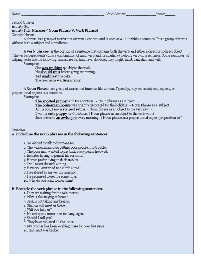 Verb Phrase and Noun Phrase | PDF | Phrase | Verb