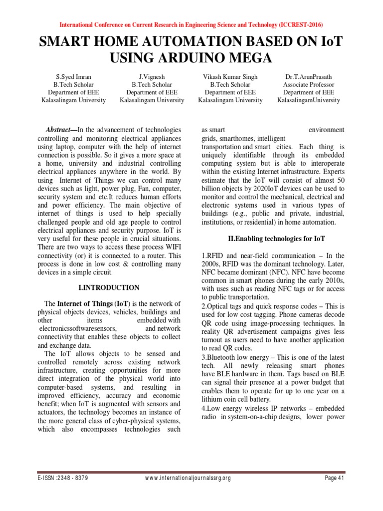 Smart Home Automation Based On Iot Using Arduino Mega: Abstract-In The ...