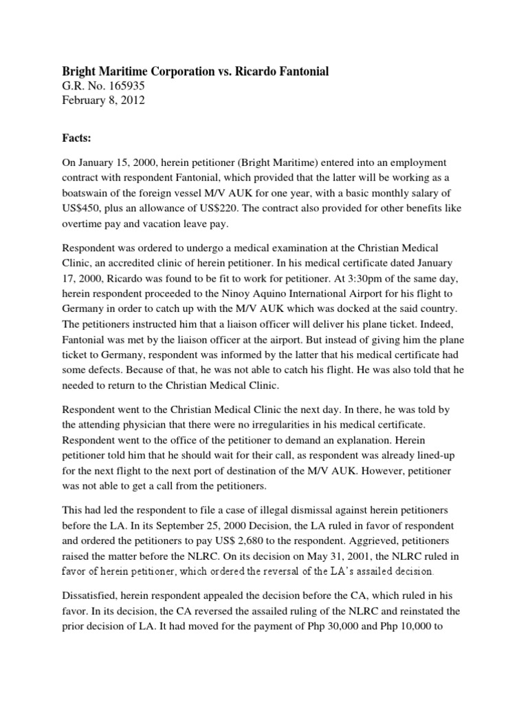 Bright Maritime Corporation vs. Ricardo Fantonial | PDF | Damages ...
