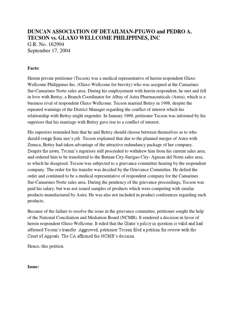 DUNCAN ASSOCIATION OF DETAILMAN-PTGWO and PEDRO A. TECSON vs. GLAXO ...