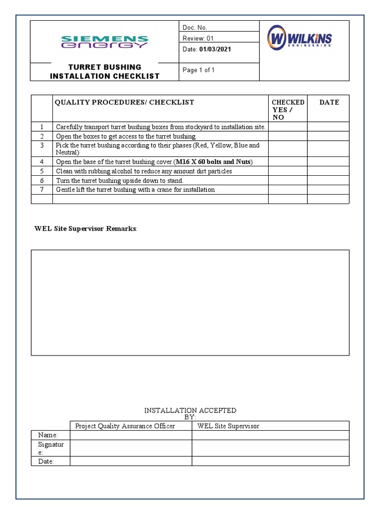 Transformer Bushing Turret Installation Checklist (WEL) | PDF