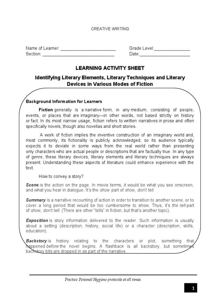 Learning Activity Sheet Identifying Literary Elements, Literary ...