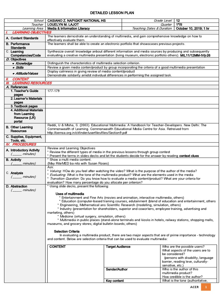 Detailed Lesson Plan: I. Learning Objectives | PDF | Multimedia | Lesson Plan
