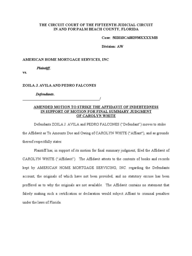 Motion To Strike Affidavit in Support of Summary Judgment - No Personal Knowledge (Amended ...