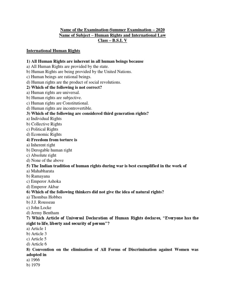 International Human Rights Law-MCQ-Final | PDF
