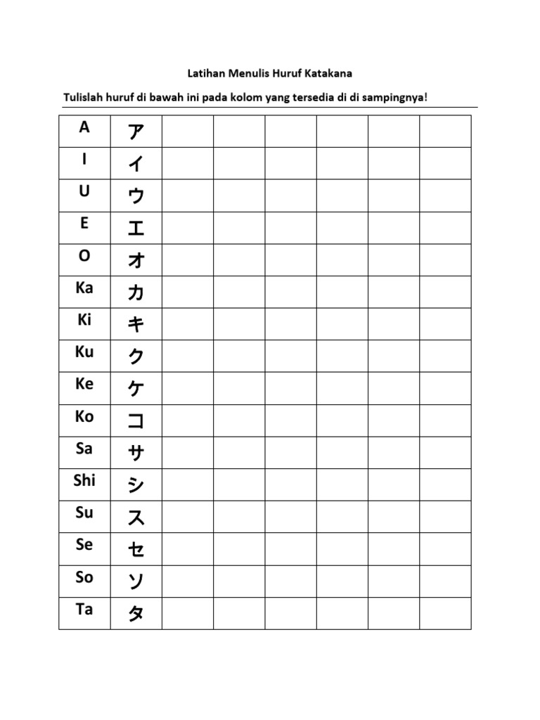 Latihan Menulis Dan Membaca Huruf Katakana アーン | PDF