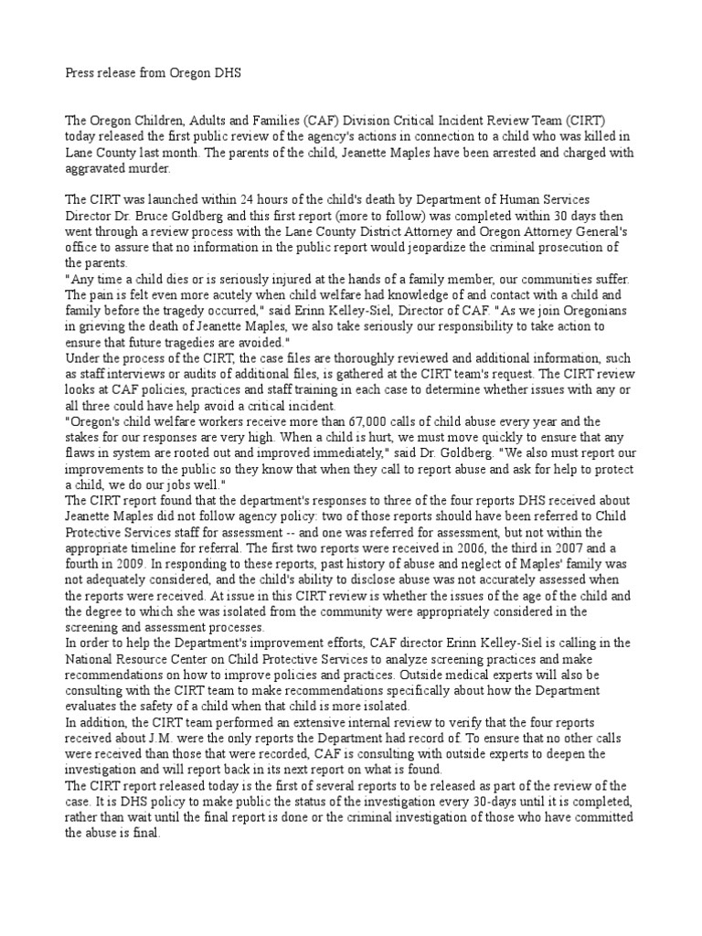 Oregon DHS Press Release Jeanette Maples | Child Protective Services ...
