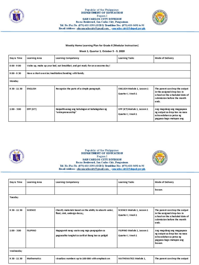 Weekly Home Learning Plan For Grade 4 (Modular Instruction) Week 1 ...