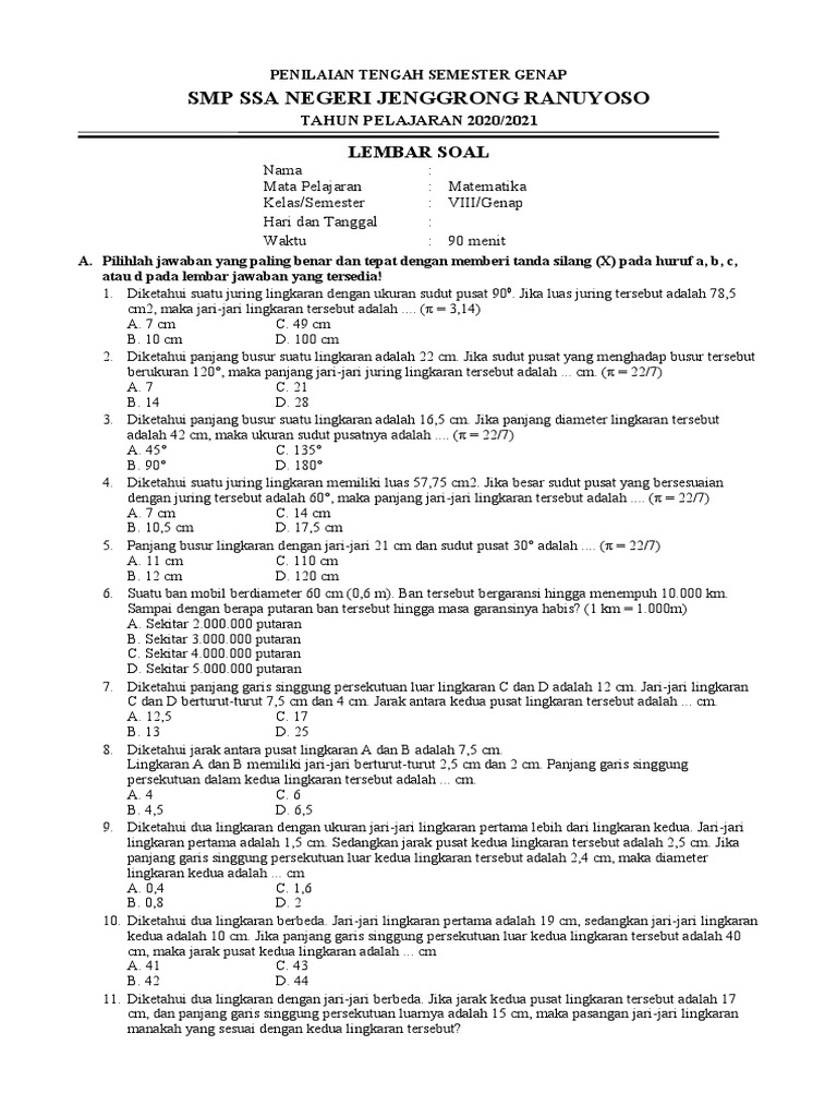 Soal PTS MTK Kelas 8 Genap | PDF | Metode & Bahan Ajar | Griya & Taman