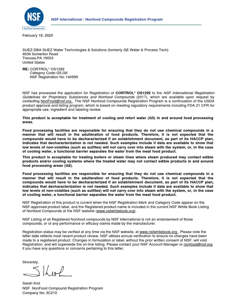 NSF International / Nonfood Compounds Registration Program | PDF | Food ...