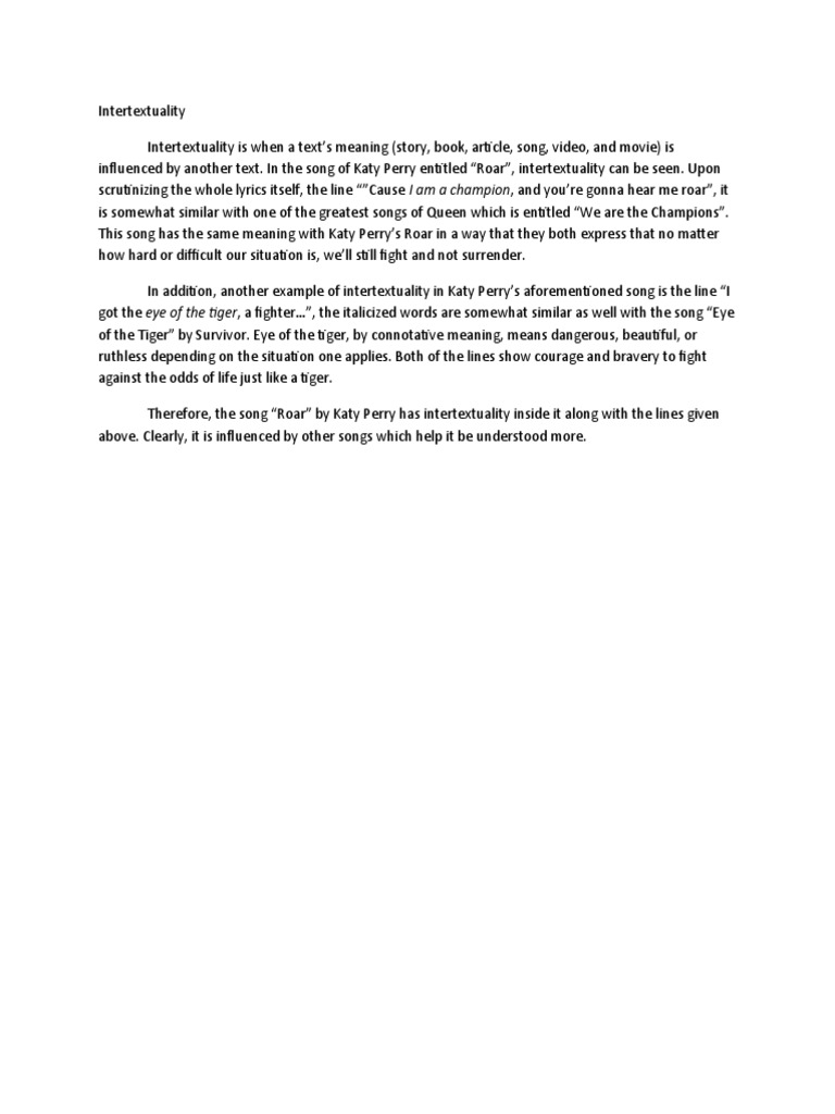 Intertextuality in Katy Perry's "Roar" | PDF