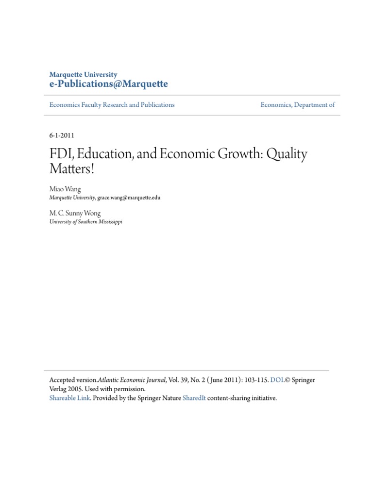 FDI, Education, and Economic Growth Quality Matters | PDF | Foreign ...