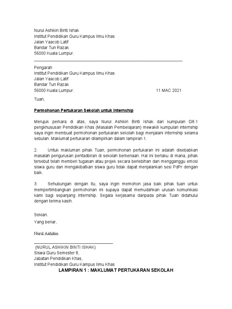 Surat Permohonan Penukaran Sekolah Internship | PDF