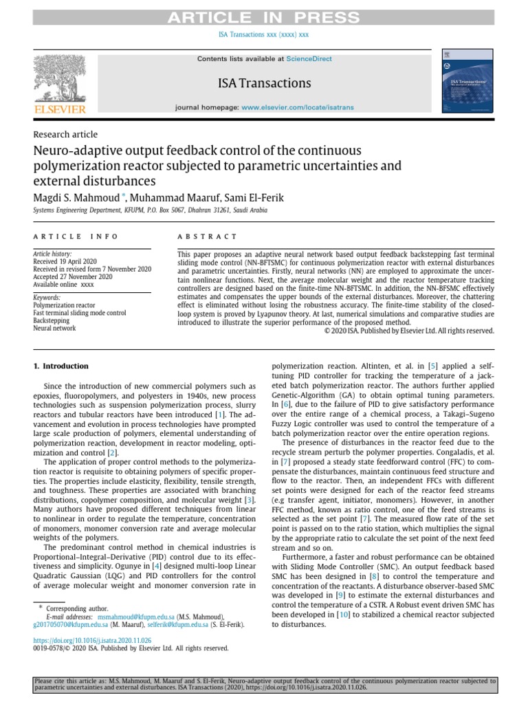 Neuro-Adaptive Output Feedback Control of The Continuous Polymerization ... Neuro-Adaptive Output Feedback Control of The Continuous Polymerization ...
