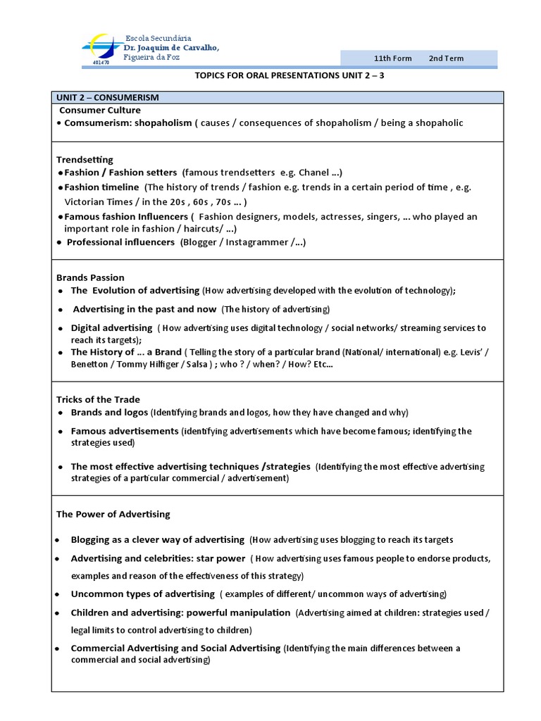 Topics For Oral Presentations 11th Form 2nd Term | PDF | Fashion ...