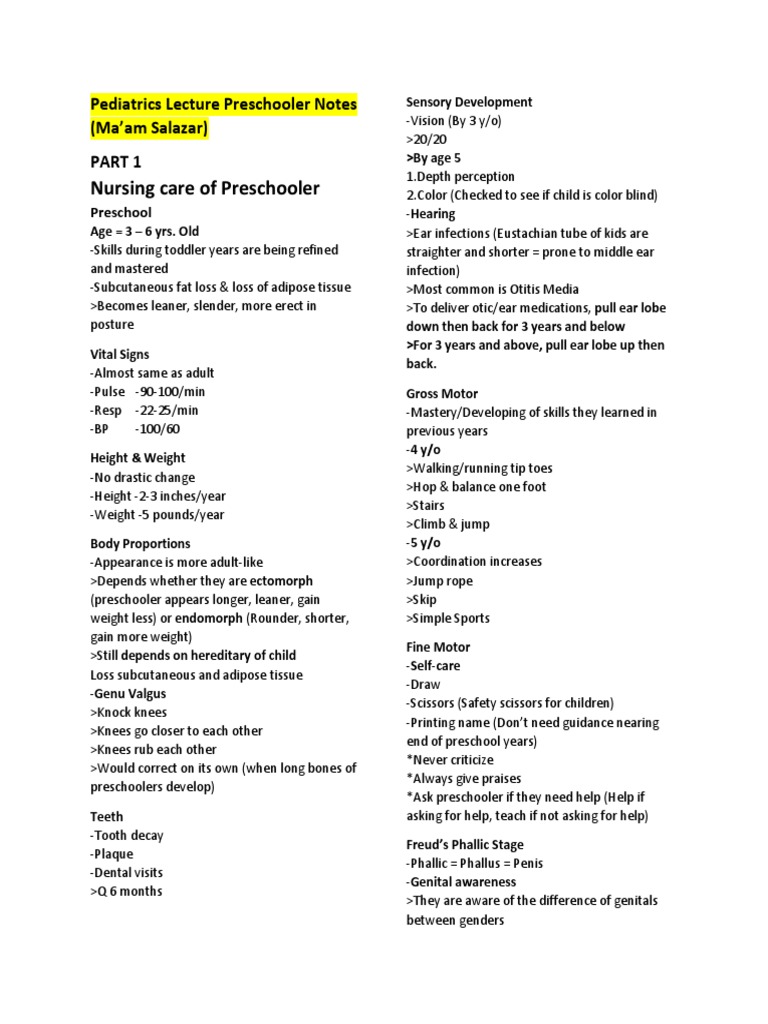 Pedia Preschooler Notes | PDF | Cognitive Development | Behavioural ...