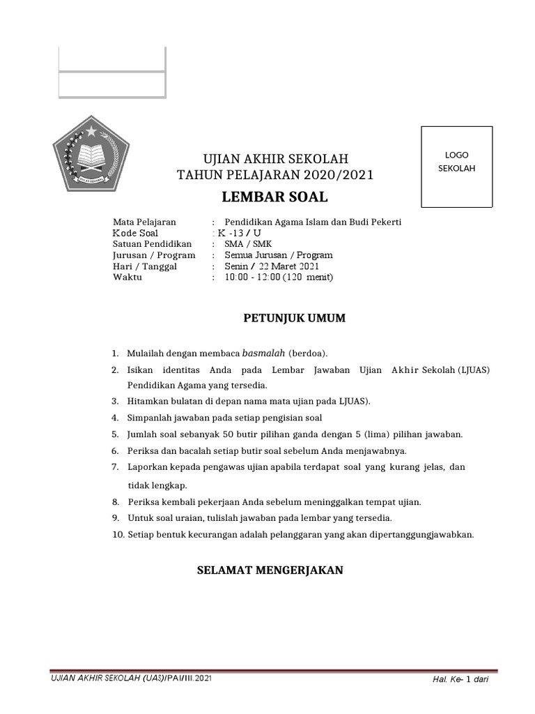 Soal Uas PG Pai 2020-2021 | PDF | Seni & Disiplin Bahasa | Kajian Bahasa Asing