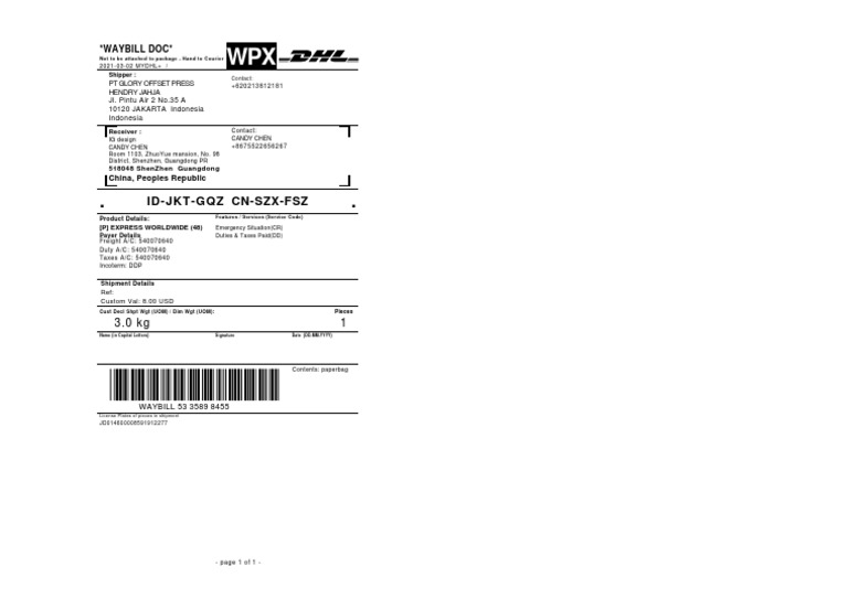 DHL Waybill for International Shipment | PDF
