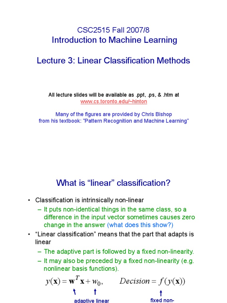 Introduction To Machine Learning Lecture 3: Linear Classification ...
