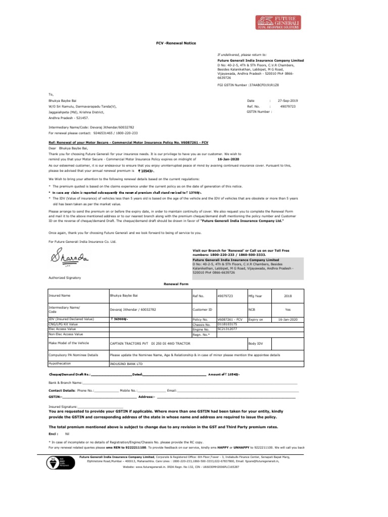 Motor Secure Renewal Notice: Insured Renewal Details and Instructions ...