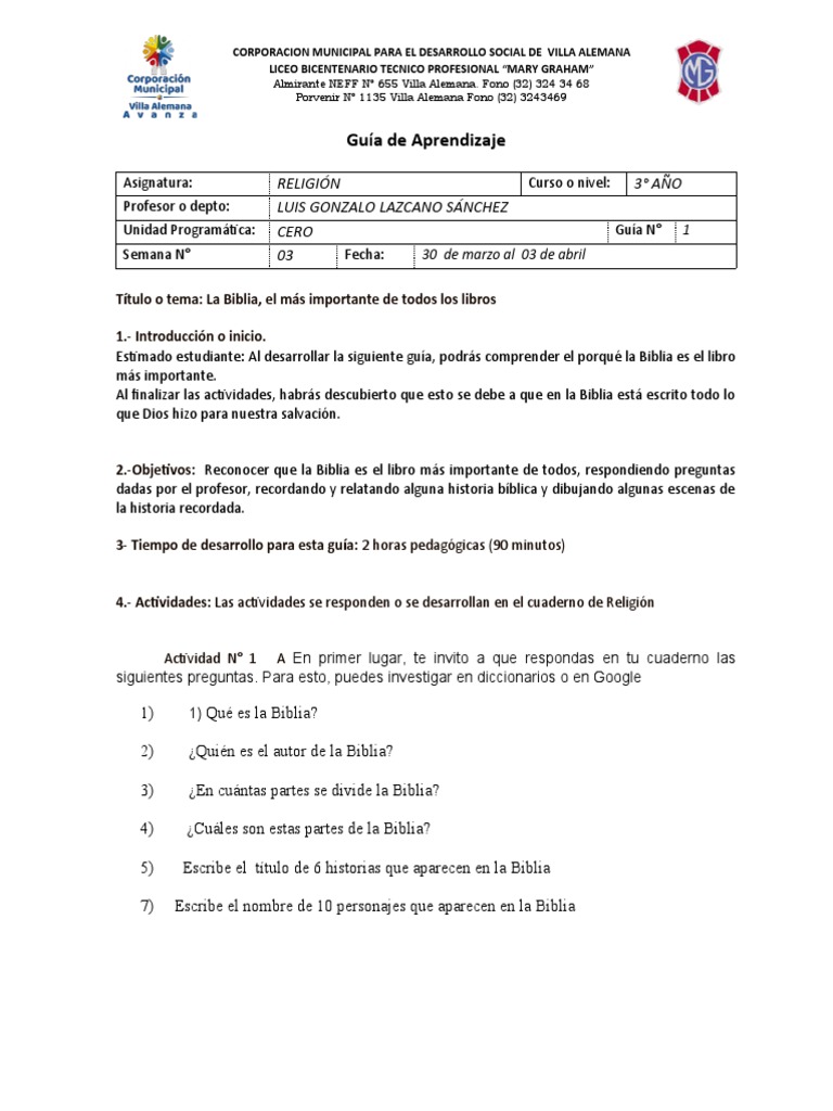 Guía de Aprendizaje: La Biblia para 3° Año | PDF | Religión y creencia ...