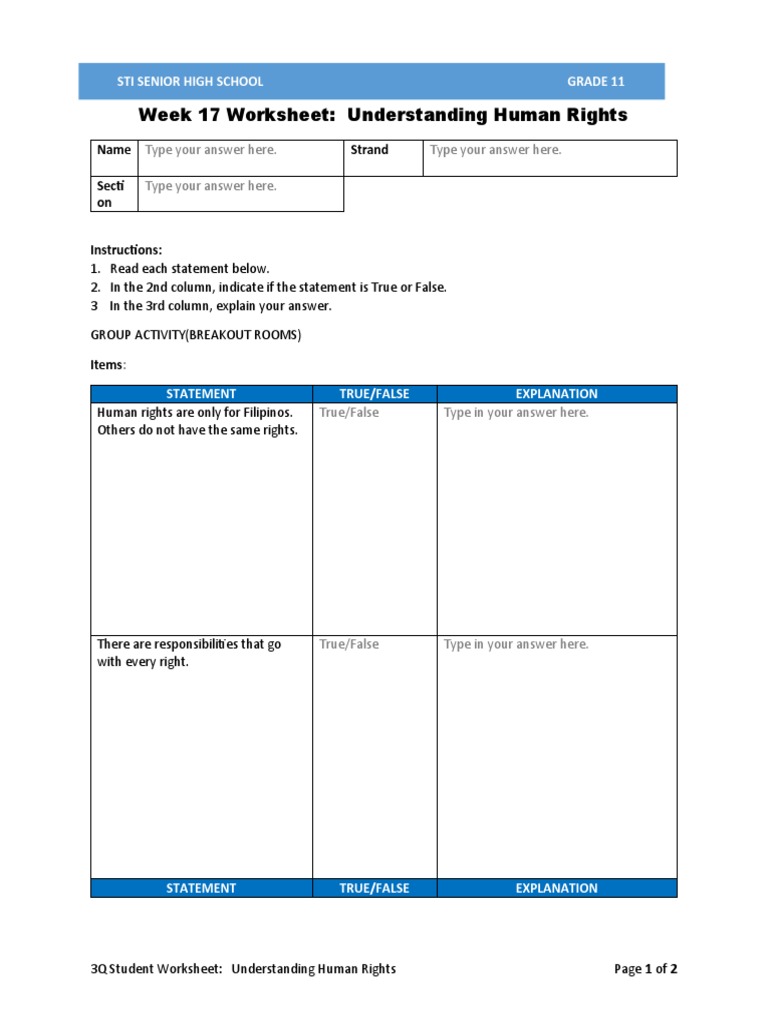 Human Rights Worksheet G11 | PDF | Self-Improvement