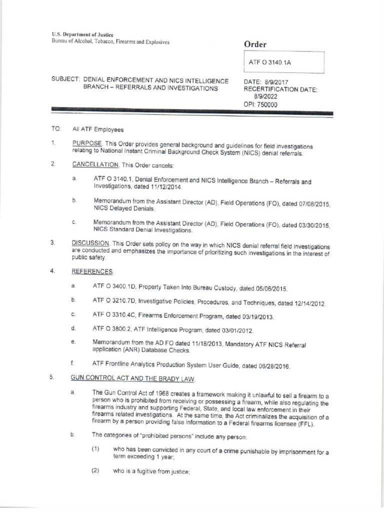 ATF Denial Enforcement and NICS Intelligence | PDF