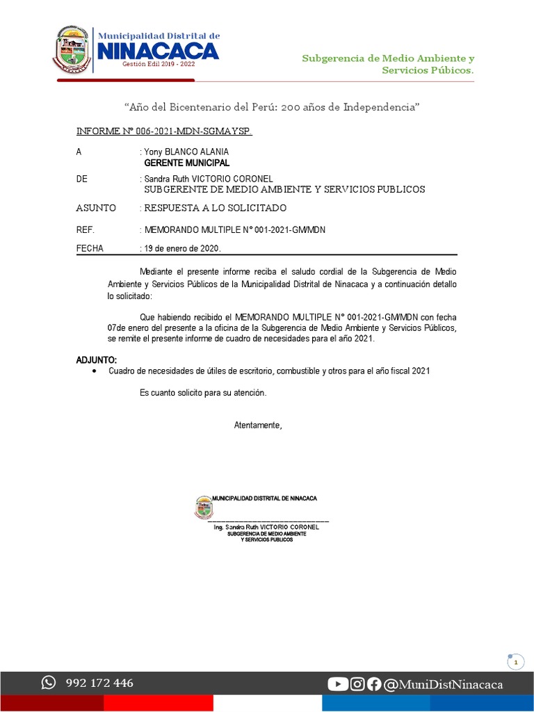 Informe de Necesidades 2021 Ninacaca | PDF