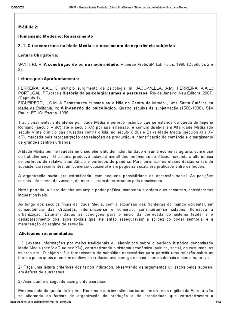 Módulo 2 - Humanismo Moderno Renascimento | PDF | História