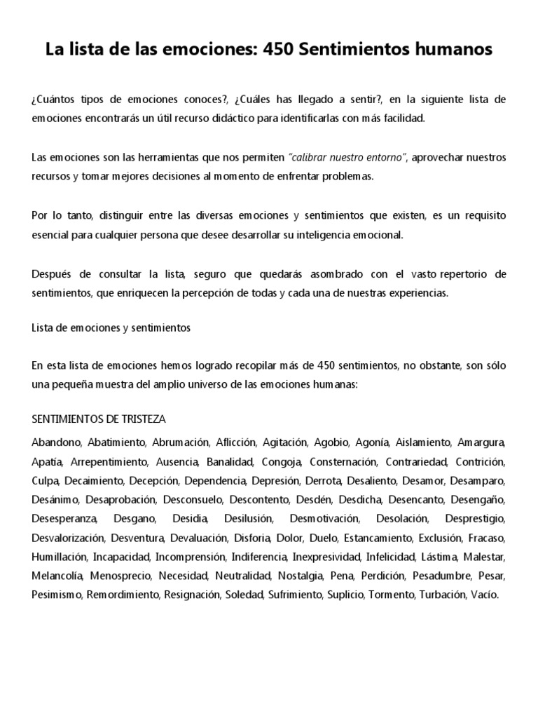 La Lista de Las Emociones | PDF | Las emociones | Experiencia subjetiva