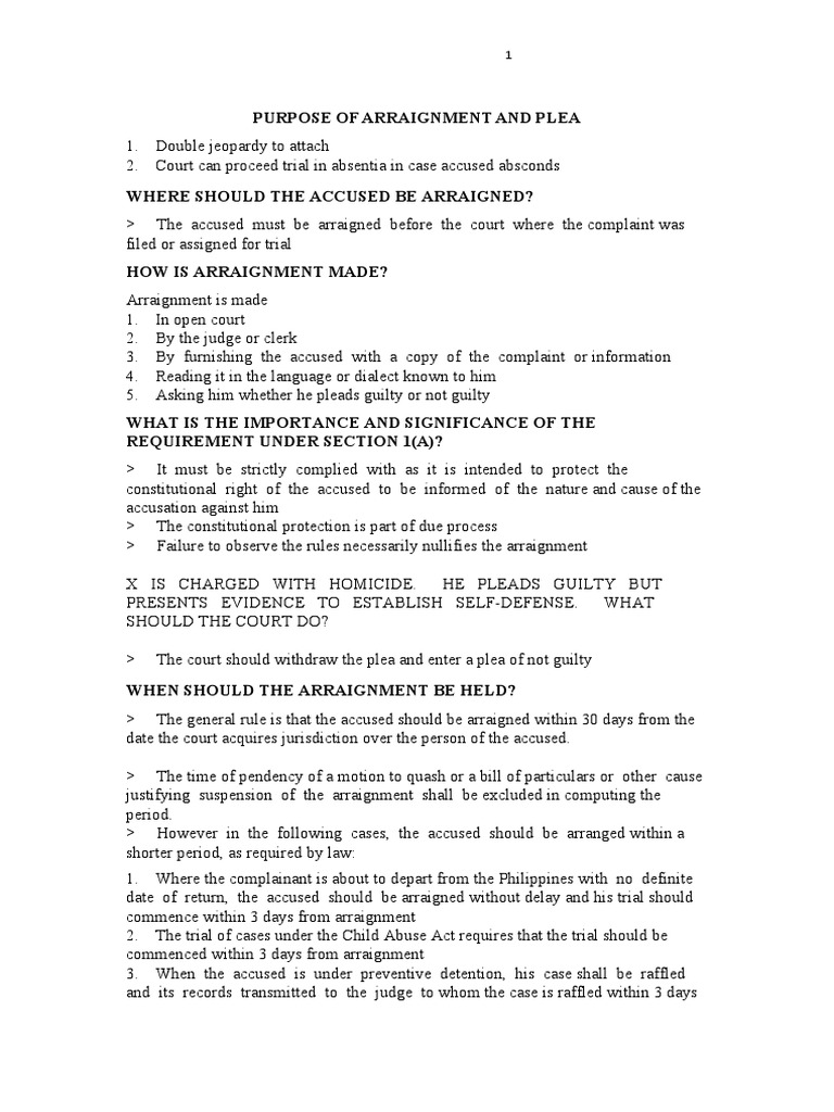 Purpose of Arraignment and Plea | PDF | Plea | Arraignment