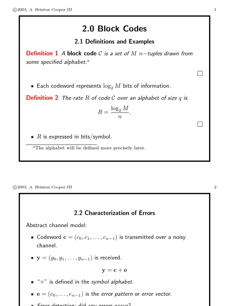 2.0 Block Codes: 2.1 Definitions and Examples | PDF | Encodings | Theoretical Computer Science