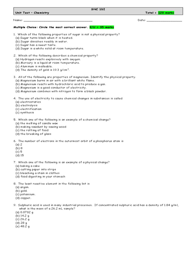 SNC 1D Chemistry Unit Test Q3 2021 | PDF | Atoms | Atomic Nucleus