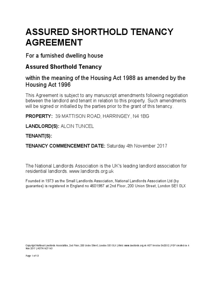 Assured Shorthold Tenancy Agreement | PDF | Leasehold Estate | Landlord