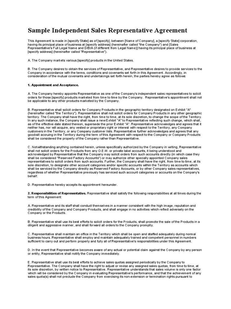 Independent Sales Rep Agreement Template | PDF | Debits And Credits ...