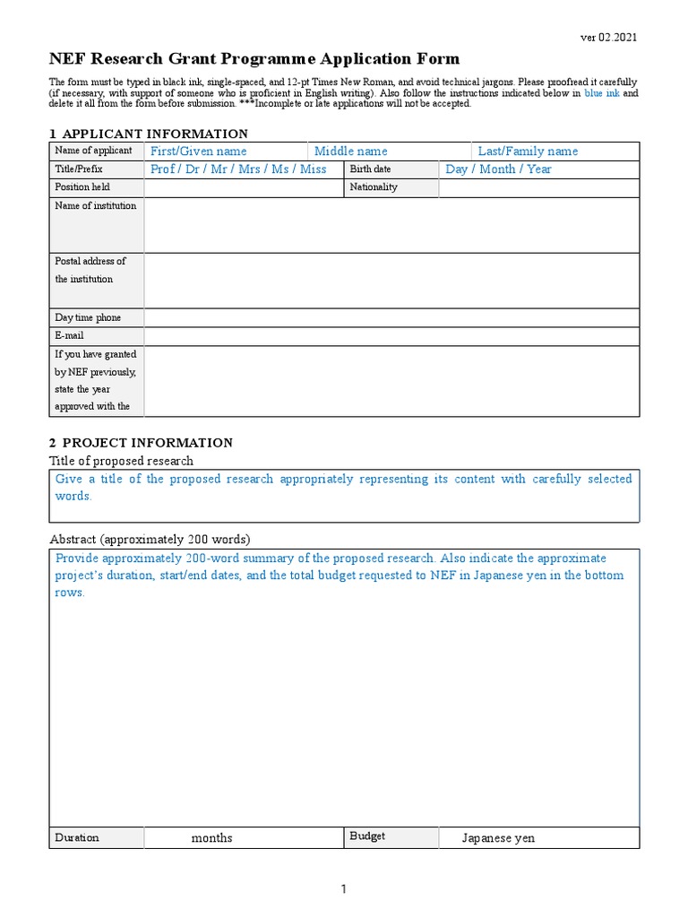 NEF Research Grant Programme Application Form: 1 Applicant Information ...
