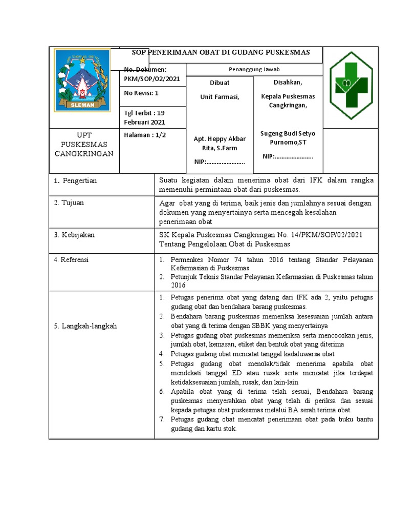 SOP Penerimaan Obat Di Puskesmas | PDF