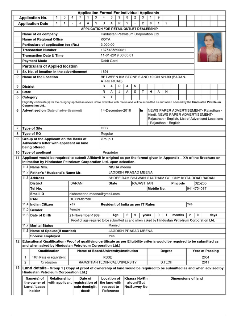 Application Format For Individual Applicants Application No ...