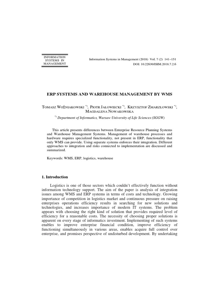 Erp Systems And Warehouse Management By Wms Pdf Enterprise Resource