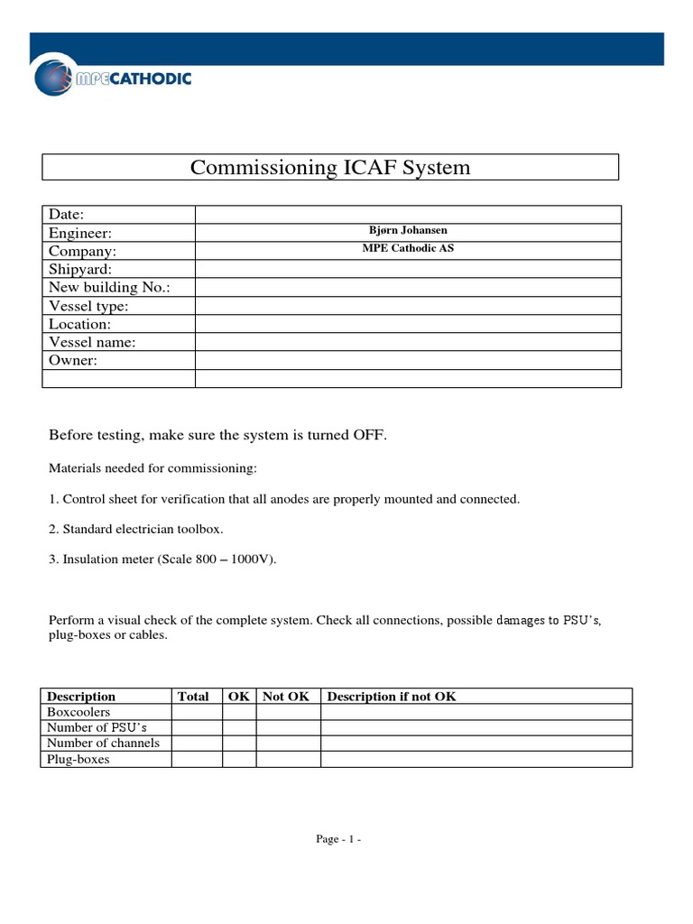 ICAF Comissioning Check List - MPE Catodic AS | PDF | Anode | Power Supply