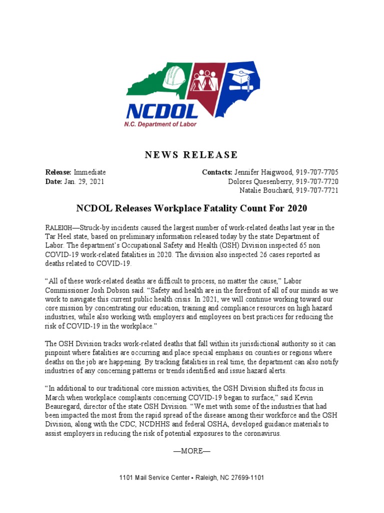 2021-01-29, NCDOL Releases Workplace Fatality Count For 2020 | PDF ...