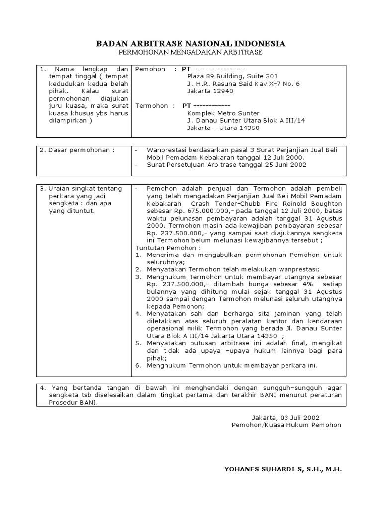 Permohonan Arbitrase BANI 2002 | PDF