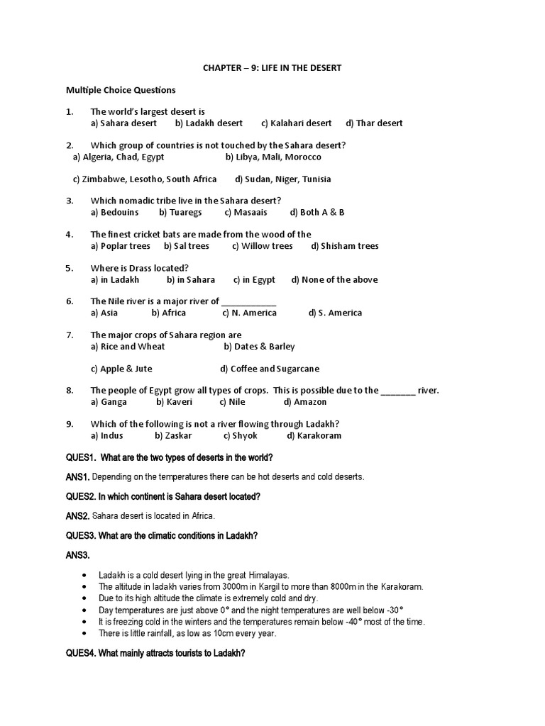 Chapter - 9: Life in The Desert Multiple Choice Questions | PDF ...