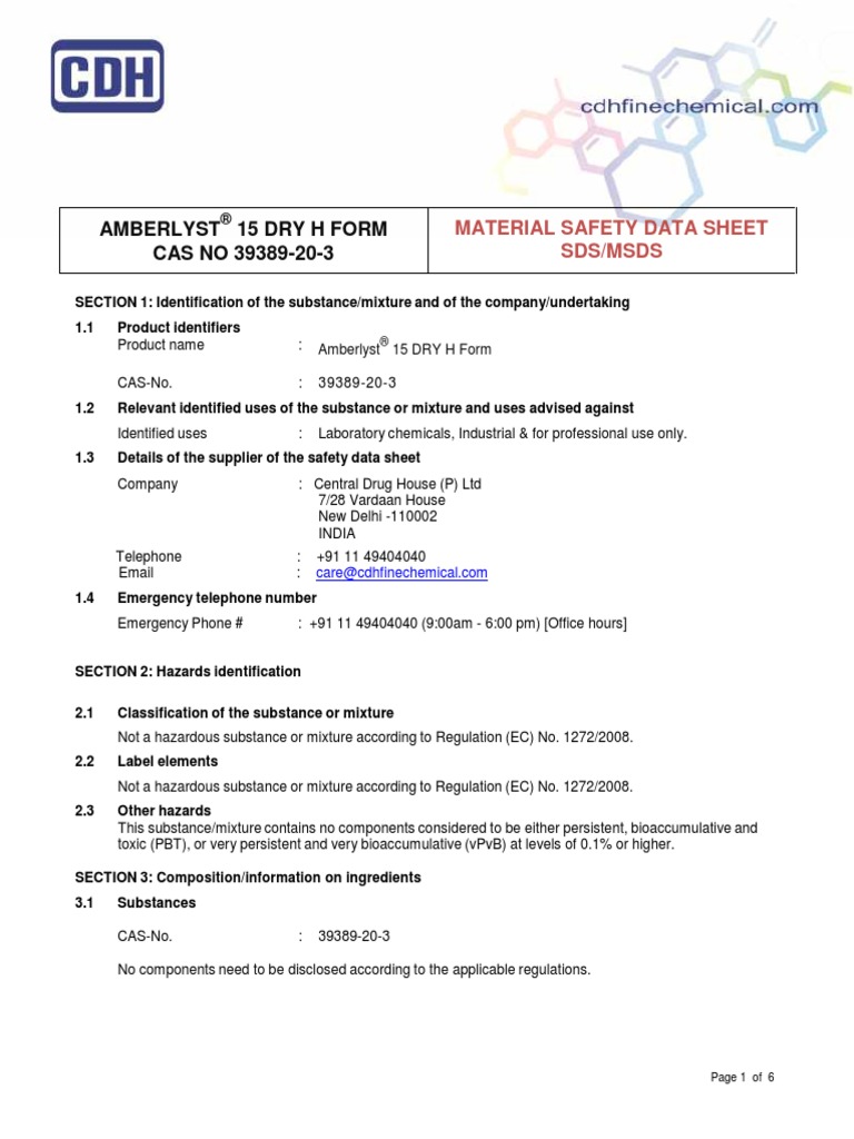 Amberlyst 15 Dry H Form CAS NO 39389-20-3: Material Safety Data Sheet ...