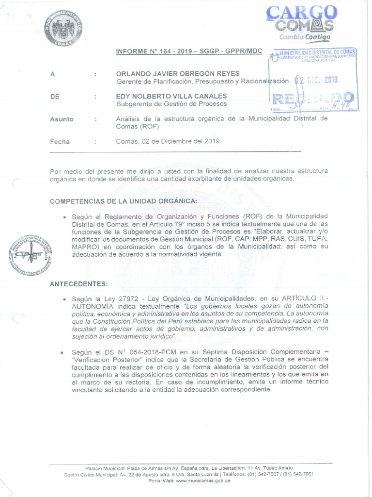 INFORME #164-2019-SGGP-GPPR/MDC - 2 DIC 2019 - Propuesta de Modificación ROF. Lector | PDF ...