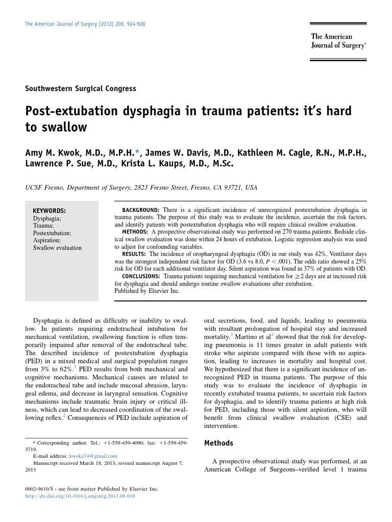 Post-Extubation Dysphagia in Trauma Patients Its Hard To Swallow | PDF