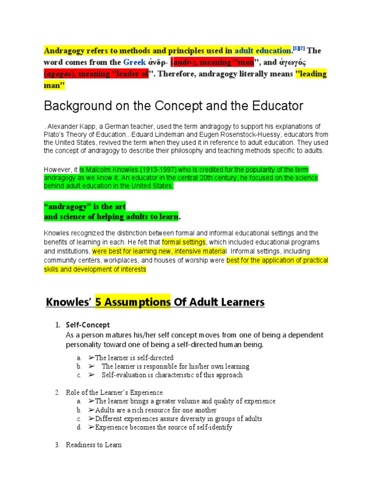Background On The Concept and The Educator: Knowles' 5 Assumptions of ...