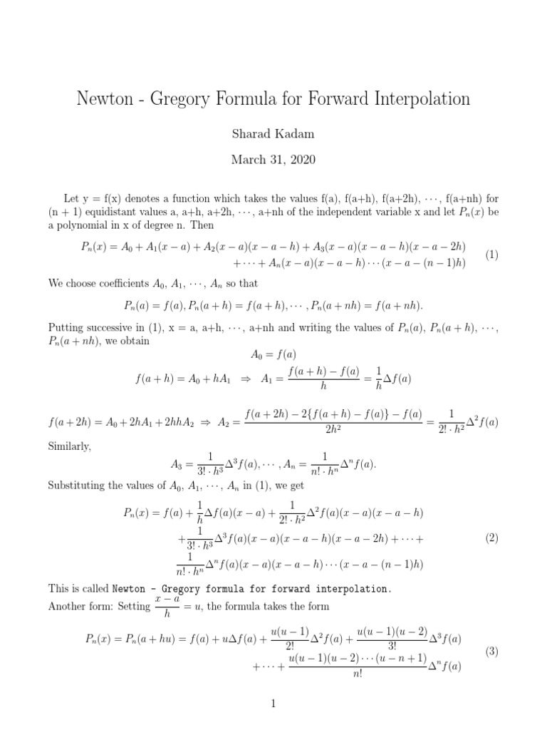 Newton - Gregory Formula For Forward Interpolation | PDF | Mathematical ... Newton - Gregory Formula For Forward Interpolation | PDF | Mathematical ...