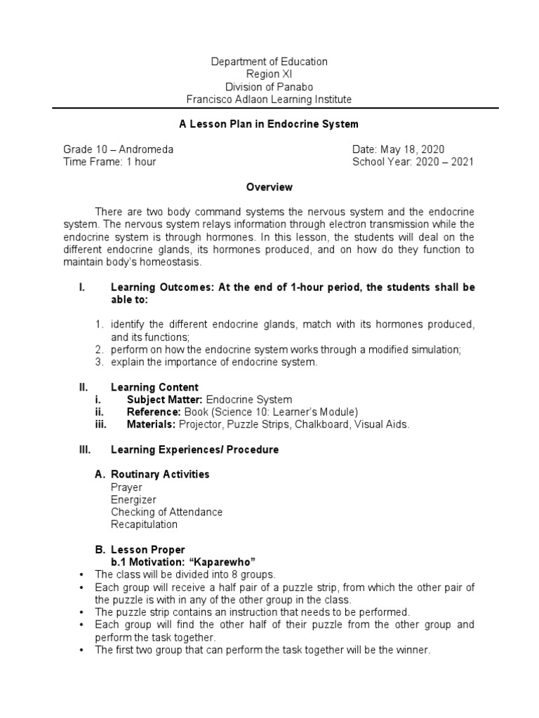 Lesson Plan For Endocrine System | PDF | Endocrine System | Hormone